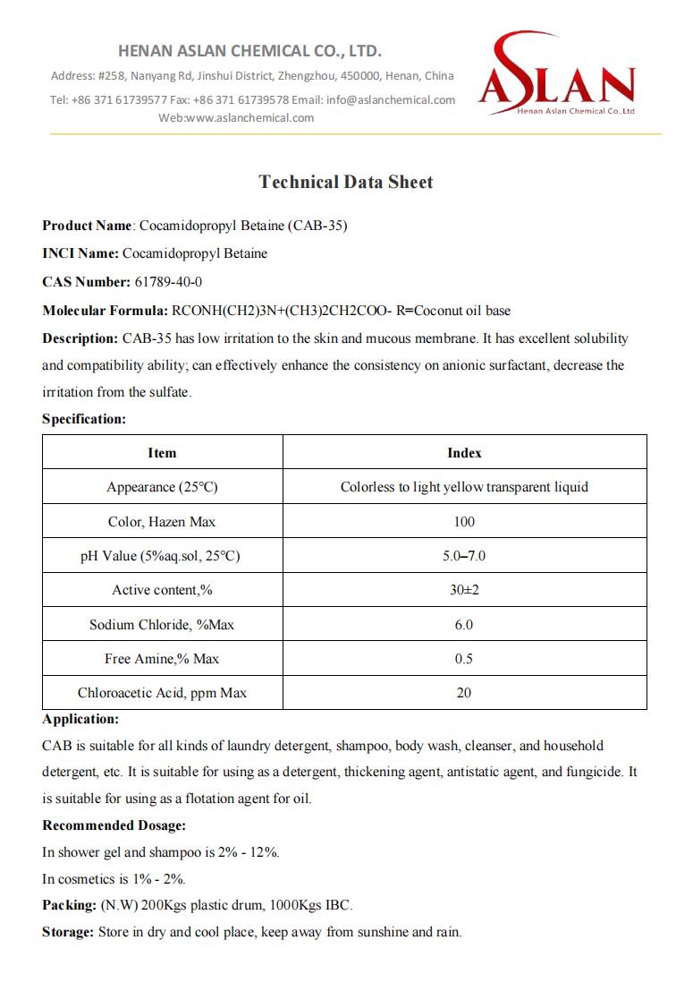 Products > Cocamidopropyl Betaine_Aslan-Manufacturing Surfactants.